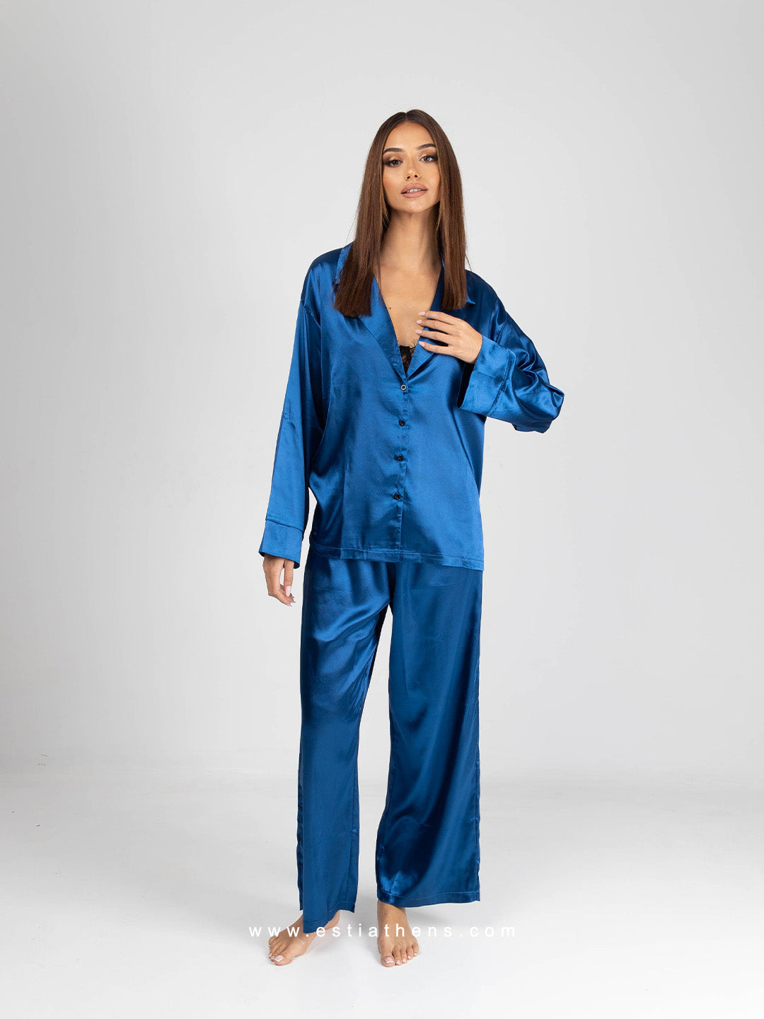 Blue Satin Pajama Set with Shirt | Esti Athens – Esti Athens - Lingerie ...