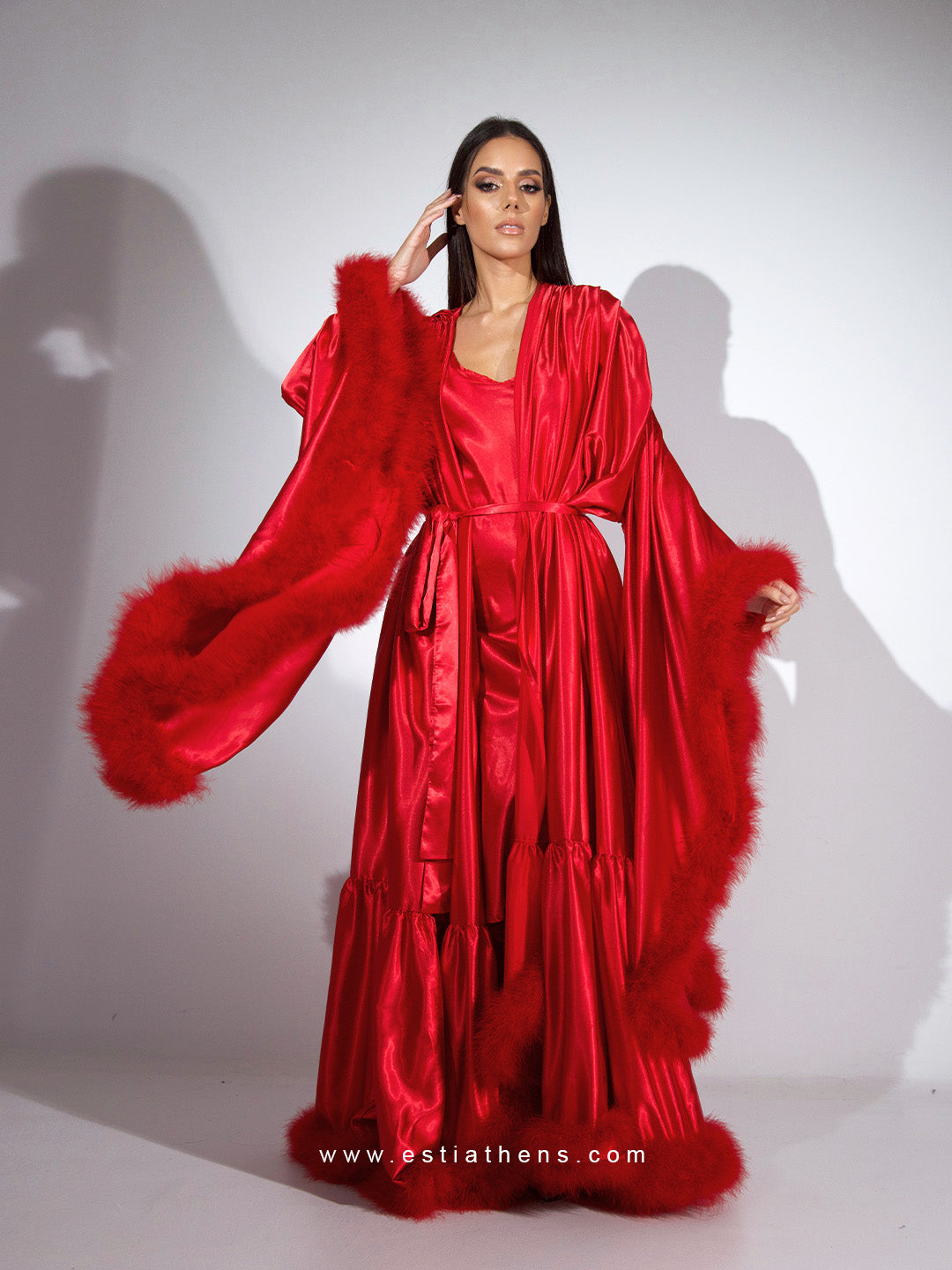 Red satin luxurious robe with feathers and slip dress Victoria Red ...