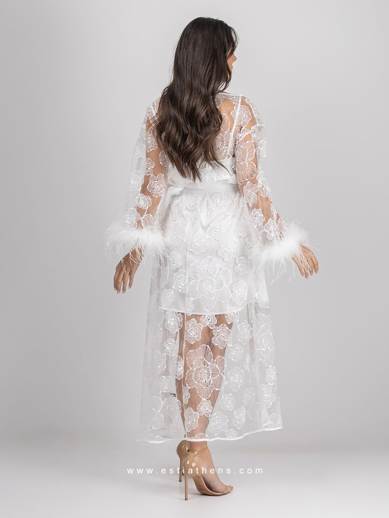 Bridal White Lace Robe Dress with Feathered Sleeves | Esti Athens ...