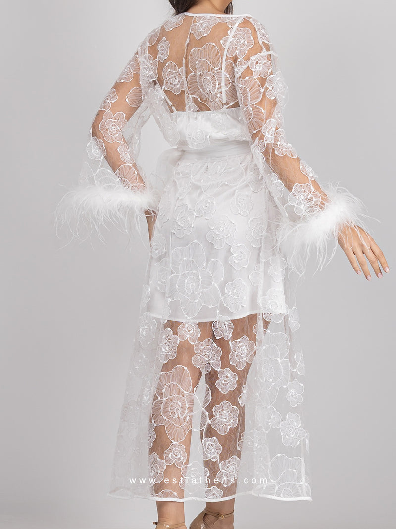 Bridal White Lace Robe Dress with Feathered Sleeves | Esti Athens ...